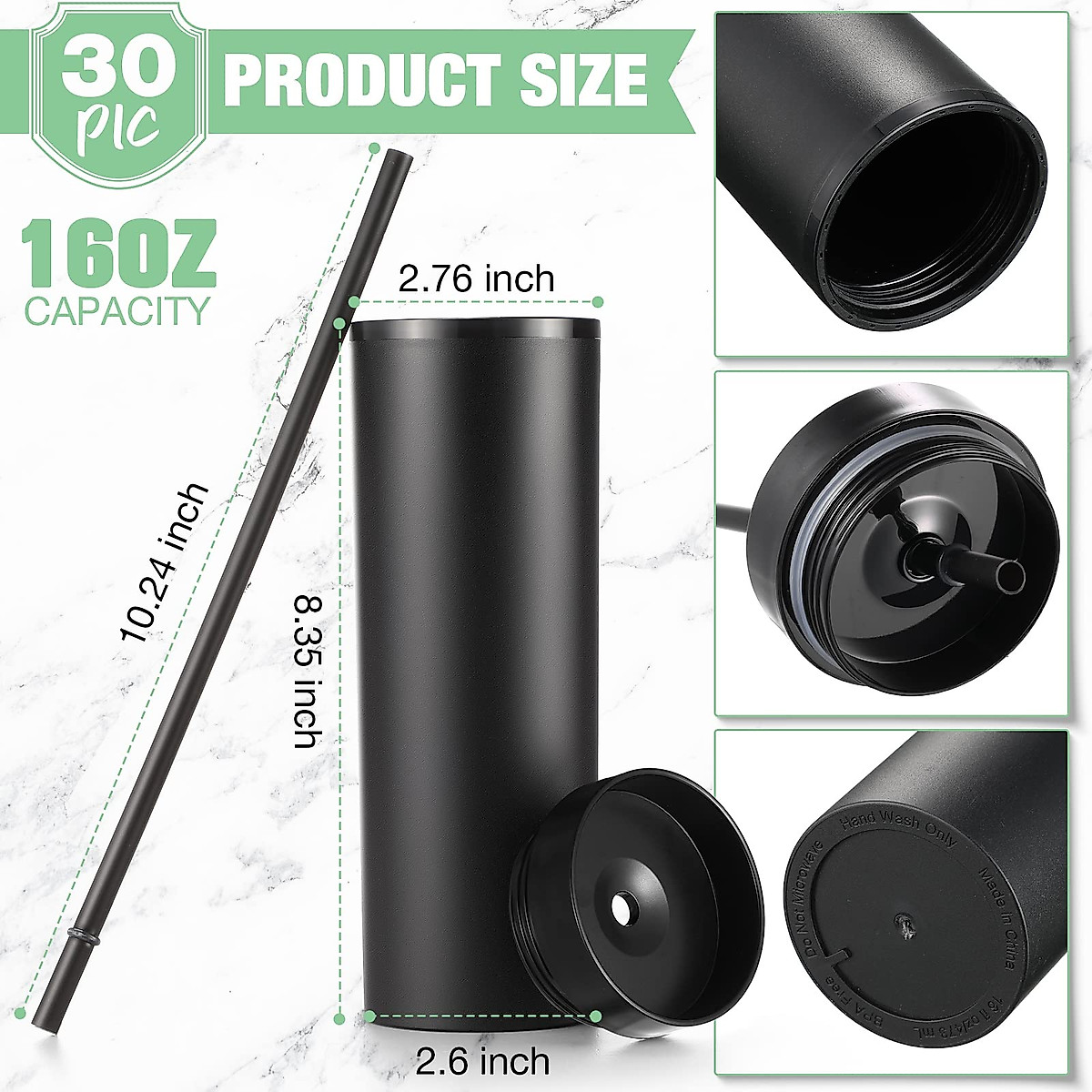 30 Pack Skinny Tumbler with Lids and Straws 16 oz Matte Colored Acrylic Tumblers Double Wall Plastic Tumbler Cups Skinny Travel Tumbler Reusable Cup for Parties Birthday Home Office (Black)