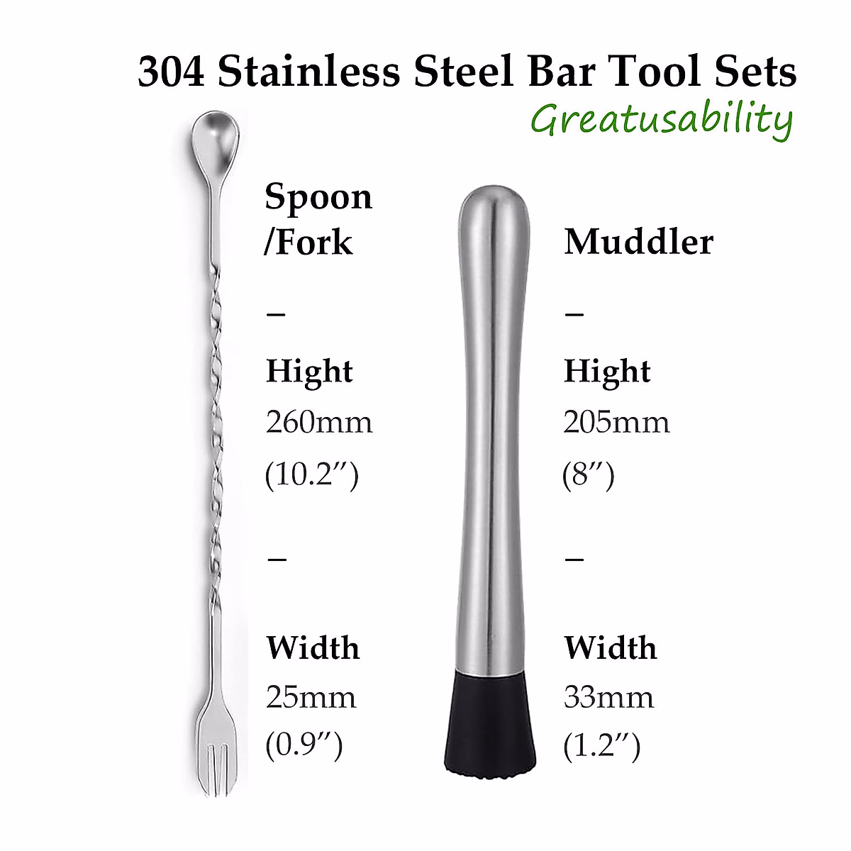 TNCO Muddler for Cocktails, 10" Muddler and Bar Spoon Cocktail Mixing Spoon, Stainless Steel Cocktail Muddler Stirrer, Cocktail Spoon Long Handle, Bar Accessories Tools for Mojitos Fruit Drinks