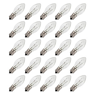 Creative Hobbies 3228x25-7 Watt, C7 Night Light, 40 Lumens, Long Life, Clear, E12 Candelabra Base, C7 Replacement Bulbs, Incandescent Light Bulb | 25 Pack