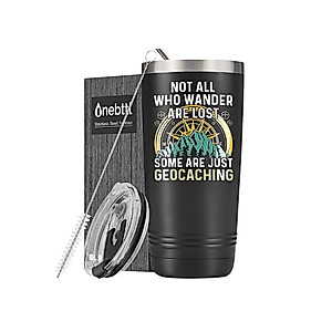 Onebttl Geocache Gifts For Women, Men, Gifts for Geocaching Lover, 20 oz/590 ml Stainless Steel Insulated Tumbler with Straw, Lid, Not All Who Wander are Lost, Some are Just Geocaching
