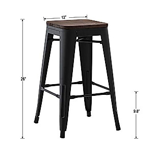 Kmax Industrial Metal Bar Stools Set - Counter Height Bar Stools Chairs Wood Seat Without Backrest Indoor Outdoor, 26", Set of 4, Black