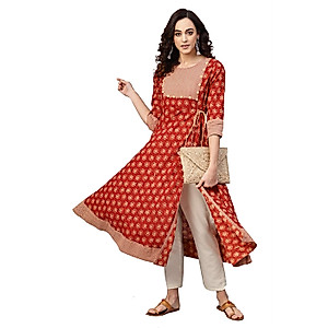 Yash Gallery Women's Cotton Slub Floral Print Angrakha Kurtis (Rustic Brown)