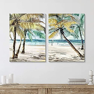 Beach Palm Trees Wall Art: Abstract Coastal Picture Tropical Ocean Scene Artwork Seascape Painting Print on Canvas for Modern Living Room Bathroom Office