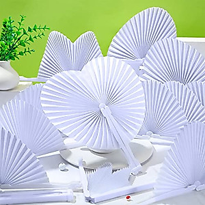 100 Packs Heart Shaped Wedding Folding Fans White Paper Fans Foldable Personalized Fan Decorative Blank Fan Round Handheld Fan with Plastic Fan Handles for Women Girls Guest Wedding Party Pocket Favor