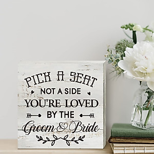 Wedding Ceremony Wooden Box Sign Desk Decor Rustic Pick a Seat Not a Side Wood Block Plaque Box Sign for Home Wedding Reception Table Decoration (5 X 5 Inch)