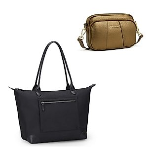 DORIS&JACKY Tote Bag for Women Large Nylon Purses and Handbags with Leather Handles Womens Ladies Waterproof Zipper Travel Work Shoulder Purse (Black)
