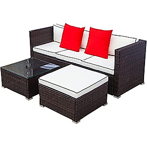 GAOPAN 3 Piece Outdoor Patio Conversation Sectional Couches Furniture Set, Rattan Wicker Garden Corner Sofas with Tempered Glass Top Coffee Table and Removable Soft Cushion, Beige+Brown