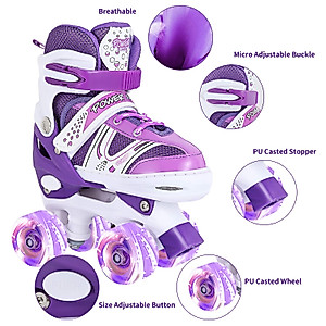 Roller Skates for Kids, Adjustable Size Double Roller Skates, with All Wheels Light up, Fun Illuminating for Girls Boys for Kids, Rollerskates for Kids Beginners, Medium（2-5）, Purple