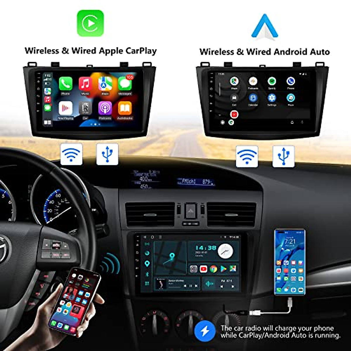 Eonon Apple CarPlay & Android Auto Car Stereo Receiver, Android 10.0 Car Stereo Ultra-Thin 3+32GB Car Radio, Compatible with 2010-2013 Mazda 3, Bluetooth 5.0/4 Sets of UI, 9 Inch-Q63Pro