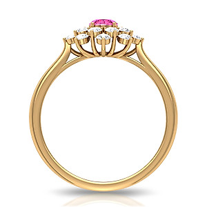 Rosec Jewels Pink Sapphire Engagement Ring with Diamond Halo, Pink Sapphire Cluster Halo Engagement Ring, 14K Yellow Gold, Size:US 5.50