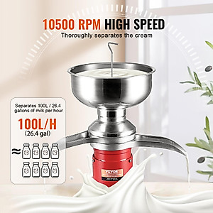 VEVOR Milk Cream Centrifugal Separator, 304 Stainless Steel Electric Cream Separators, 100L/H Output 10500RPM Goat Milk Separator, 30W Cow Cream Separator, Milk Skimmer with 5L Bowl Capacity, 100-240V
