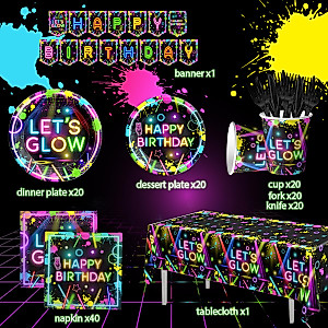 Neon Party Supplies,142Pcs Let Glow Party Decorations Including Disposable Paper Plates,Cups,Tablecloths, Glow in the Dark Theme Decoration for Birthday Baby Shower Party