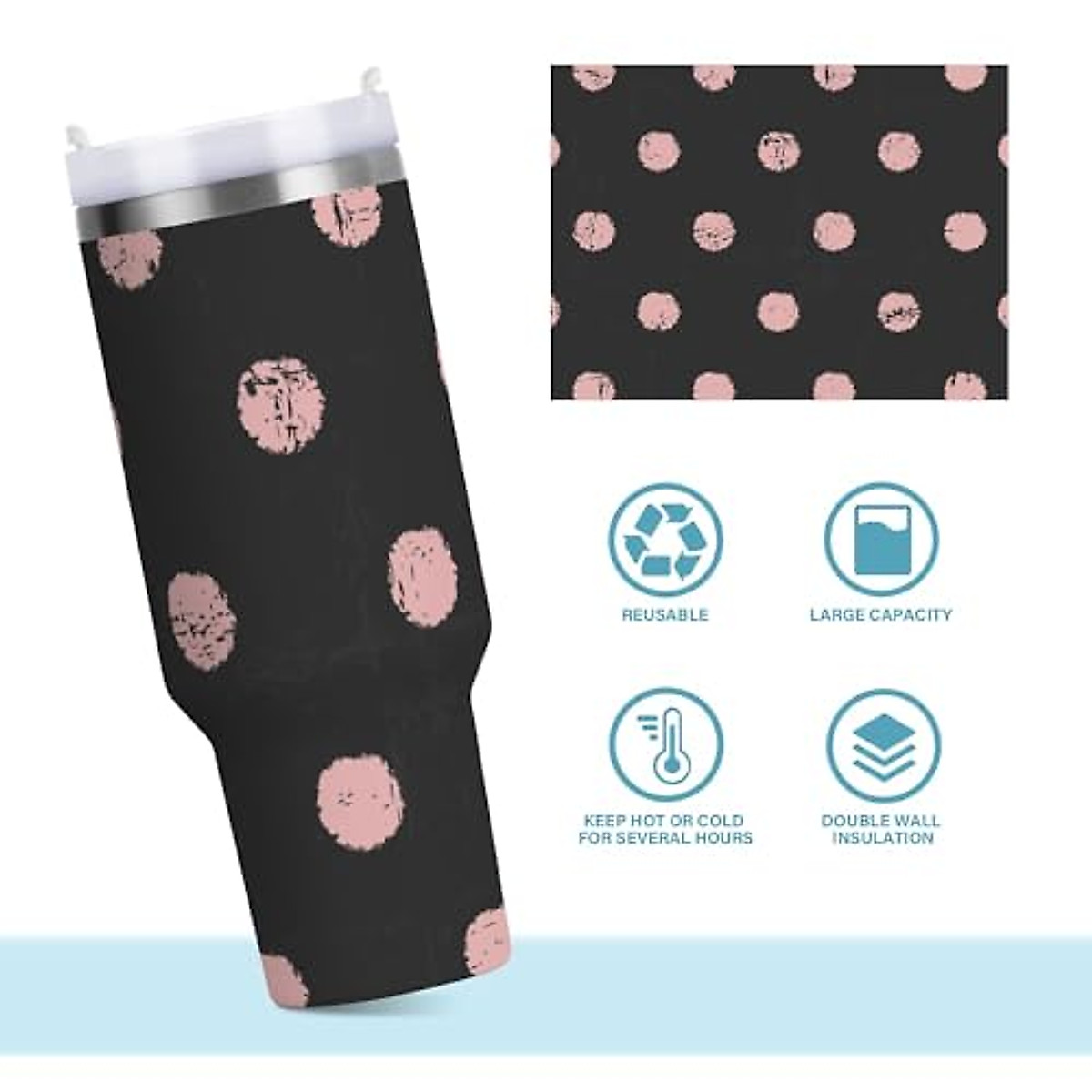 Stainless Steel Tumblers 40 Oz with Straw and Handle, Pink Polka Dots Black Vintage Travel Coffee Tumbler