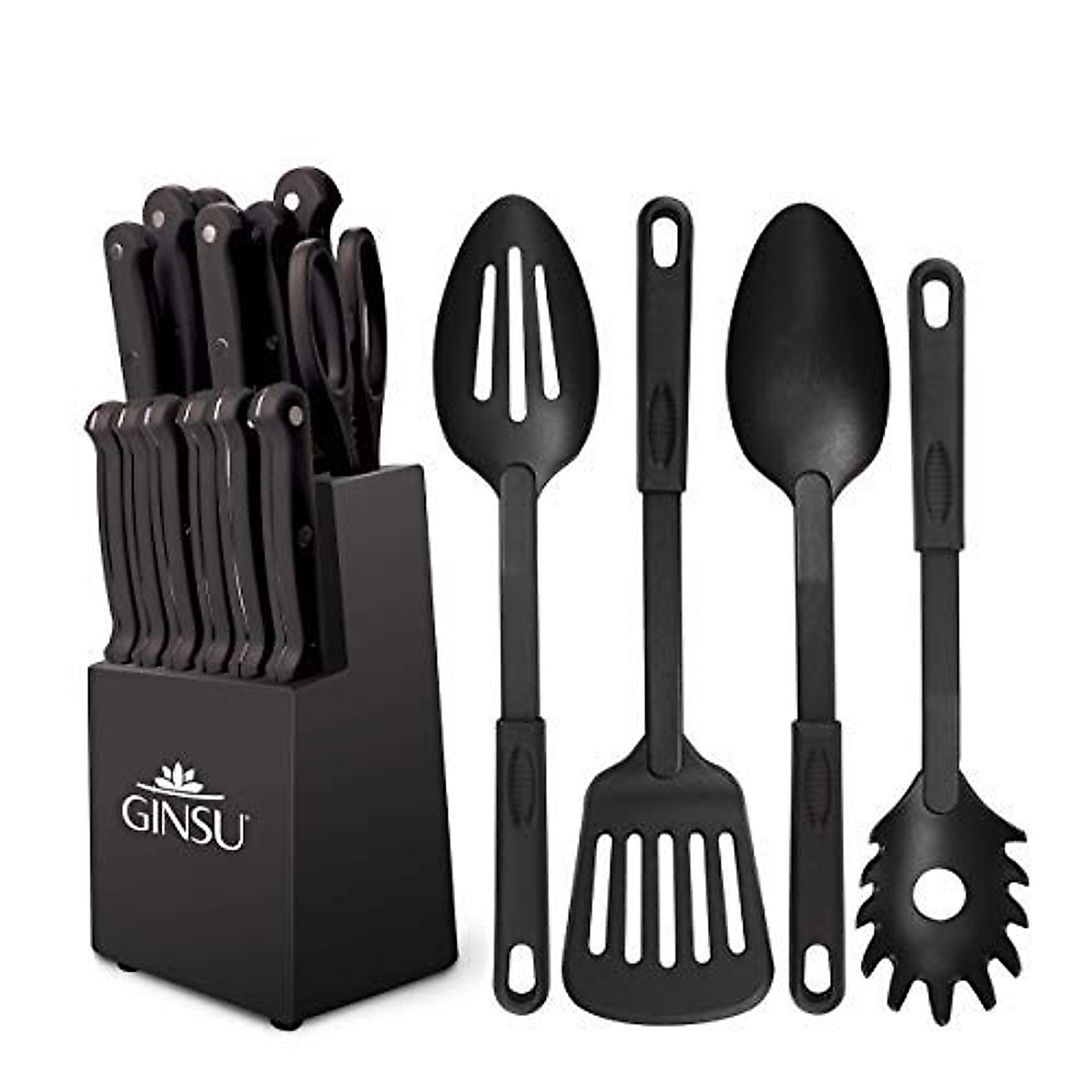 GINSU Kiso® Dishwasher Safe and Always Sharp, 18 Piece Black Knife Set with Black Block