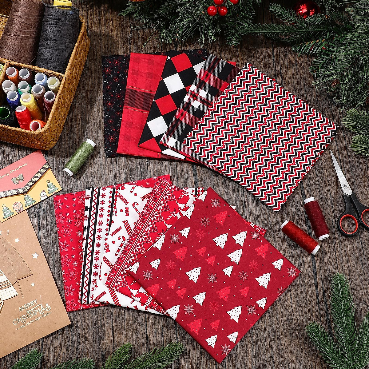 Hicarer 10 Pcs 20"x20" Christmas Cotton Fabric Square Bundles Red Black Reindeer Plaid Snowflake 10 Patterns Patchwork Christmas Fat Quarters for DIY Xmas Art Sewing Home Party Craft
