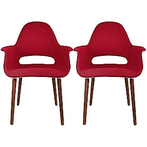 2xhome - Set of 2 Organic Upholstered Fabric Modern Armchairs with Dark Walnut Brown Wooden Legs for Dining Room Office or Accent Chair (Red)