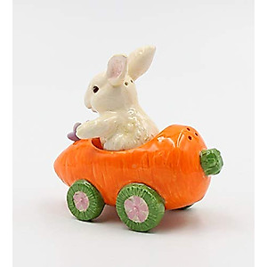Fine Ceramic Bunny Rabbit on Carrot Cart Salt & Pepper Shakers, 4 1/4" L