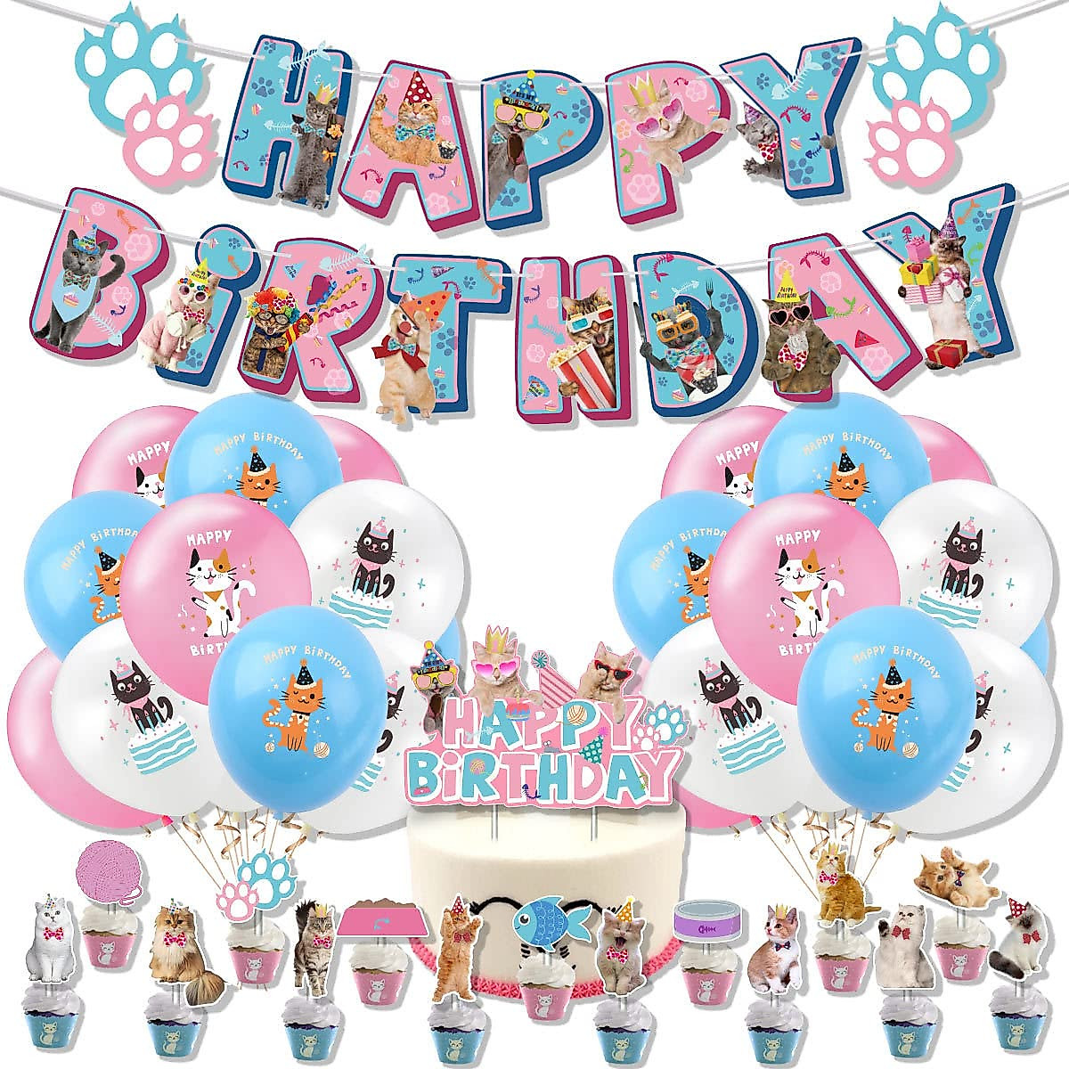 Cat Birthday Decorations Cat Themed Birthday Party Supplies Cat Face Happy Birthday Banner Cat Print Balloon Cake Toppers Cat Lover Kids Cat Theme Birthday Party Pet Adoption Party Decorations