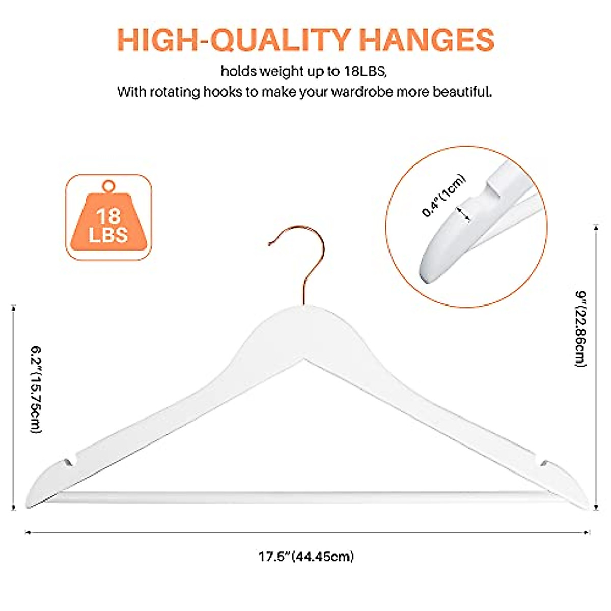 Smartor Wooden Hangers 20 Pack, Sturdy Coat Hangers for Closet, Quality Non Slip Hangers, Premium Heavy Duty Hangers, Durable Coat Hanger, Pants Hanger, Suit Hangers, with 360° Rotating Hook, White