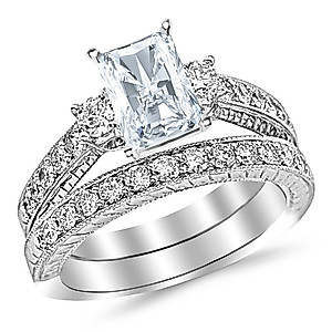 14K White Gold 2 Carat LAB GROWN DIAMOND Three Stone Vintage With Milgrain & Filigree Bridal Set with Wedding Band & Radiant Cut Diamond Engagement Ring (G-H Color VS1-VS2 Clarity 1 Ct Center)