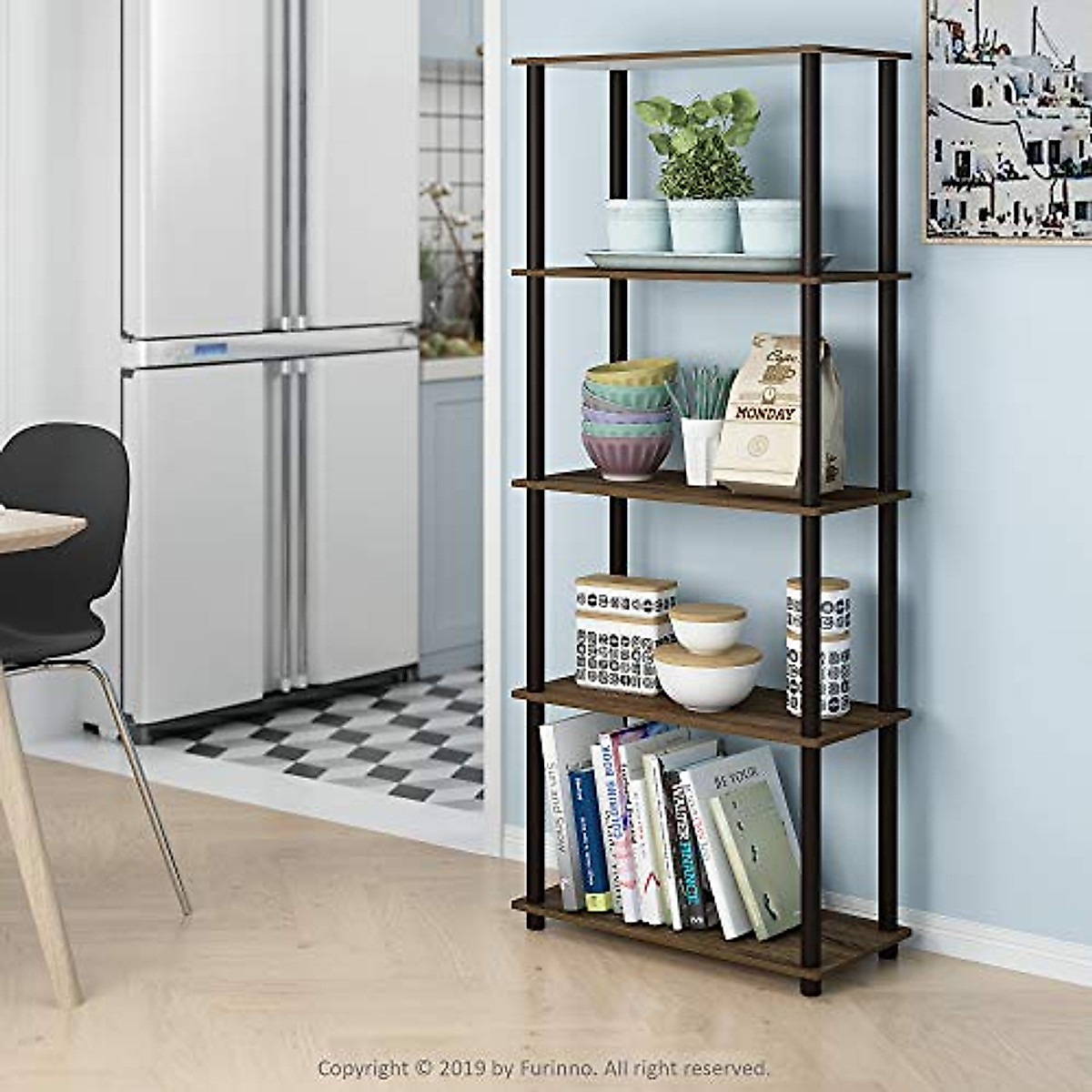 Furinno Turn-N-Tube 5-Tier Multipurpose Shelf / Display Rack / Storage Shelf / Bookshelf, Round Tubes, Walnut/Brown