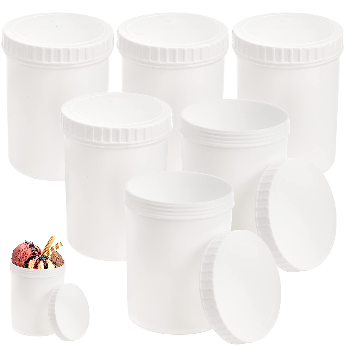 Peohud 6 Pack 32 Oz Ice Cream Containers, Wide Mouth Plastic Jars with Screw on Lids, Reusable Freezer Storage Tub for Homemade Ice Cream, Yogurt, Sorbet and Gelato
