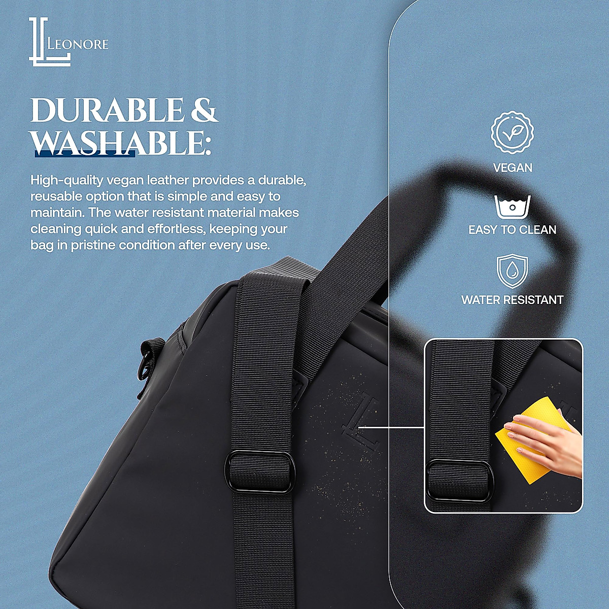 LEONORE Lunch Bag | Insulated Cooler for Work, College, Travel | Large Reusable Lunchbox for Men & Women | Vegan Leather Designer Tote (Matte Black)