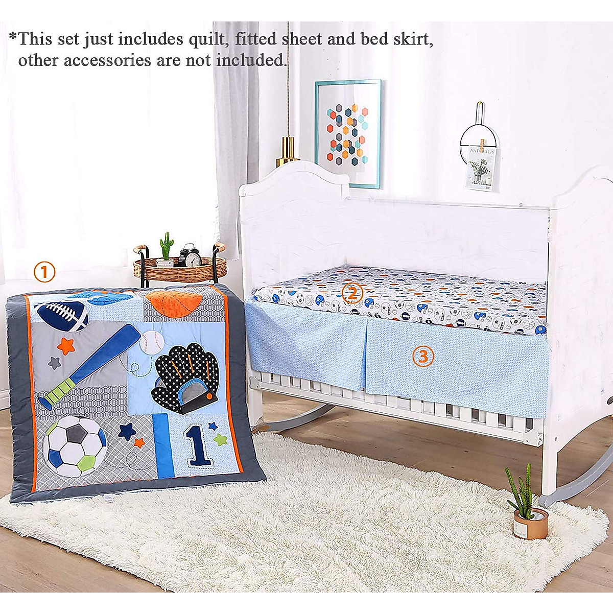VIVILINEN Baby Crib Bedding Set for Boys 3 Pieces Blue Sports Baseball Originals Soft Toddler Nursery Bedding Sets
