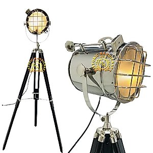 HISTORIC HANDICRAFT Vintage Mid Century Modern Spotlight Nautical Floor Lamp Chrome Hollywood Industrial Searchlight with Tripod Base Standing Lamp, Studying Light for Living Room, Bedroom Decor