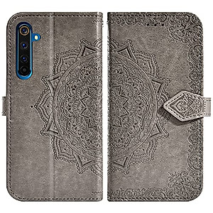 Compatible with OPPO Reno 6 Pro 5G Wallet Case and Tempered Glass Screen Protector Leather Mandala Flower Flip Cover Credit Card Holder Stand Cell Accessories Phone Cases for Reno6 6Pro 5G Women Gray