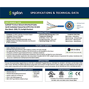 Syston Cable Technology Cat 6E Ethernet Network Cable - 100 FT，600MHz 23AWG Solid Bare Copper Wire Outdoor/Indoor, Bulk No Ends 10 Ft to 1000 Ft Available, Heat Resistant Riser Rated - CMR