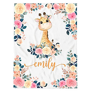 Zoey Art Personalized Baby Blanket, Custom Name Blanket, Mink Sherpa Blanket, Fleece Blanket with Animal Floral for Girls, 30 x 40 Inch Safari Animals Nursery Blanket (Giraffe Yellow)