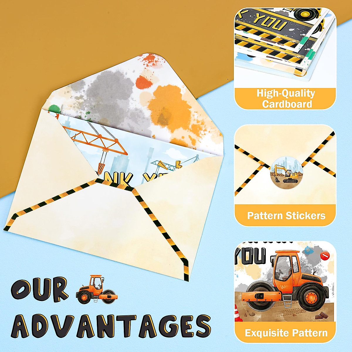 WERNNSAI Construction Thank You Cards - 24 PCS Construction Party Supplies Dump Truck Greeting Cards with Envelopes Stickers Appreciation Thank You Notes for Boys Kids Birthday Party Baby Shower