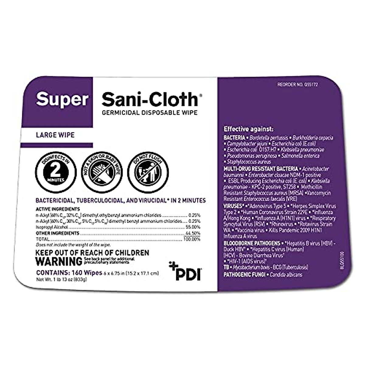 Super Sani-Cloth Germicidal Disposable Wipe - Fast 2-Minute Contact Time, Great for High-Touch Surfaces and Devices - Large Canister, 6 in. x 6.75 in.