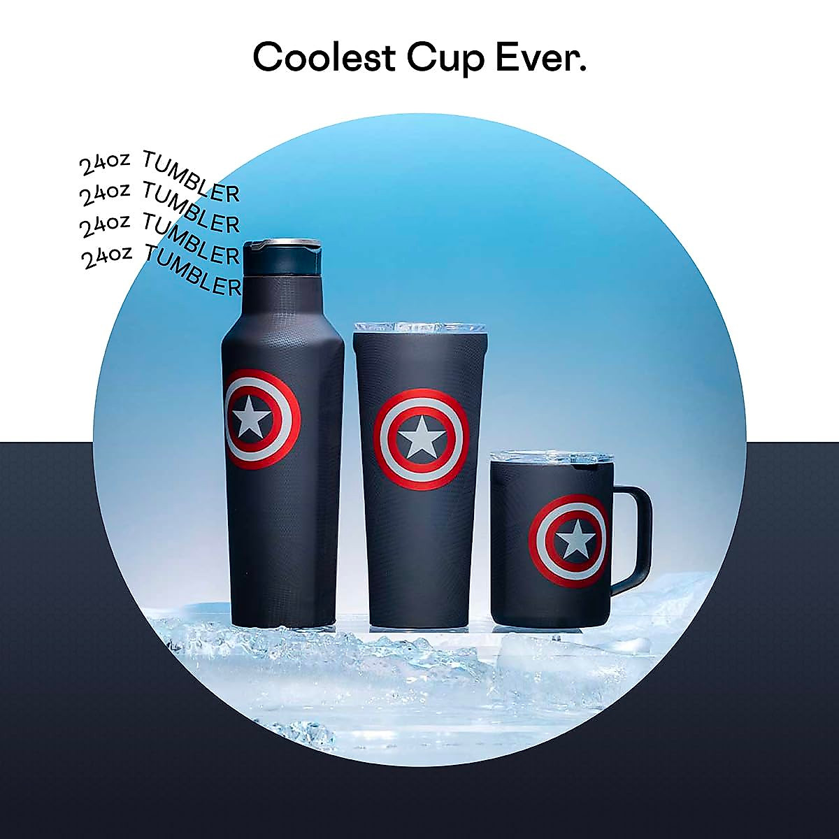 Corkcicle Marvel 24 Ounce Triple Insulated Stainless Steel Travel Cup Tumbler with Lid and Silicone Bottom for Hot and Cold Drinks, Captain America