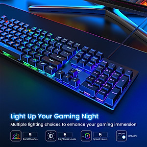 RisoPhy Mechanical Gaming Keyboard, RGB 104 Keys Ultra-Slim LED Backlit USB Wired Keyboard with Blue Switch, Durable ABS Keycaps/Anti-Ghosting/Spill-Resistant for PC Mac Xbox Gamer