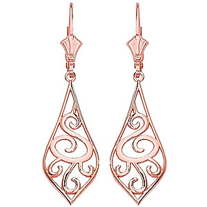 14K Rose Gold Art Nouveau Swirl Teardrop Dangle Leverback Earrings - 1.42"