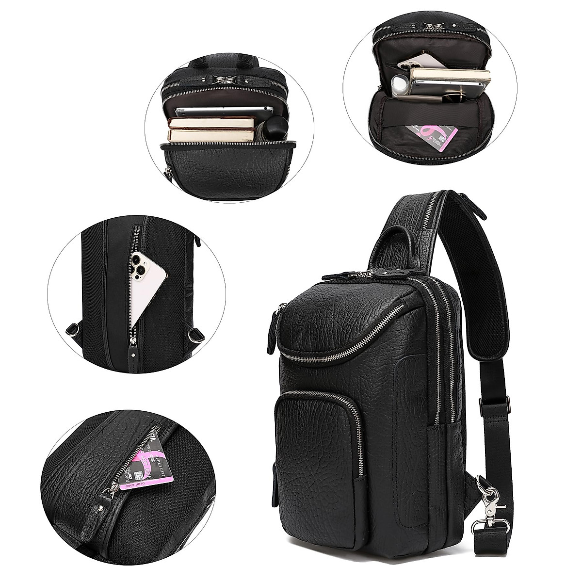 LANNSYNE Men's Vintage Full Grain Leather Sling Bag, Crossbody Chest Daypack fits 10.5" iPad, Black