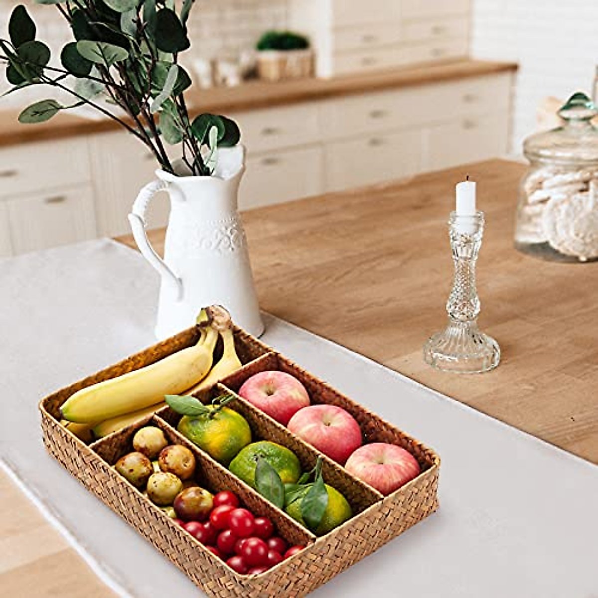 Seagrass Storage Basket with Compartments Utensil Tray for Organization Silverware Flatware Rectangular Shelf Baskets with 4 Sections