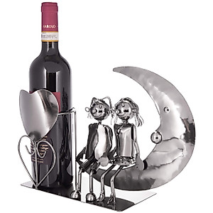 BRUBAKER Bottle Holder Wine - Couple on The Moon - Lovers Sculpture Metal - Bottle Stand with Greeting Card