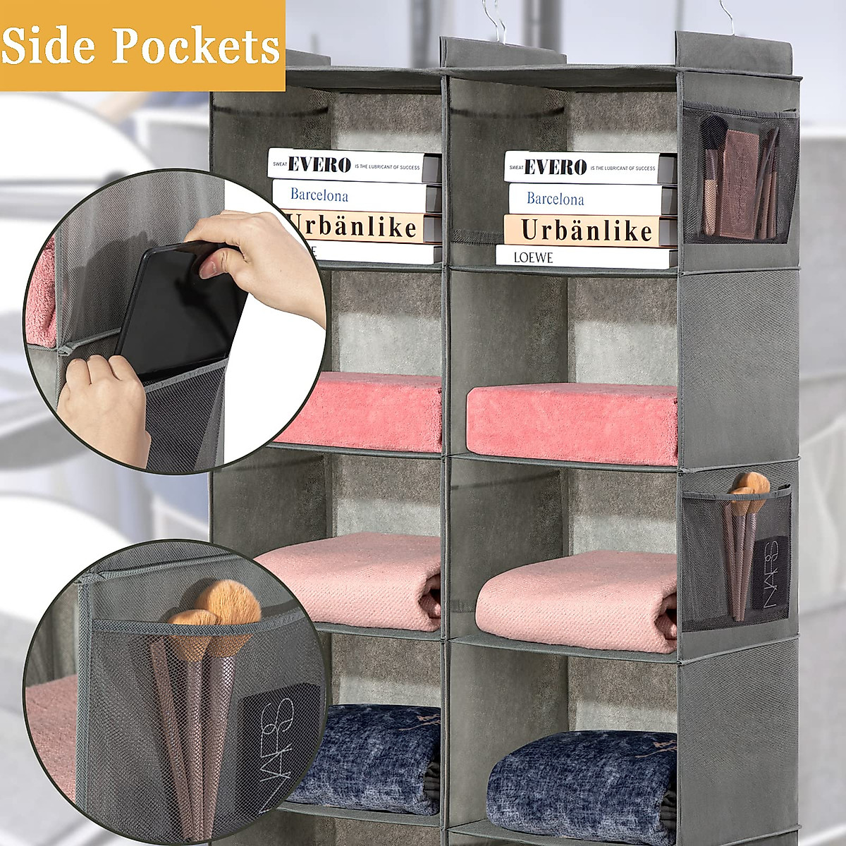 BSFHH Hanging Closet Organizer, 5-Shelf Closet Hanging Storage with 6 Side Pockets,Collapsible Hanging Shelves for Closet Oxford Cloth 10.4" W x 11.8" L x 51.6" H (Grey, 1 Pack)