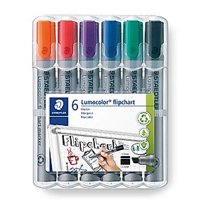 STAEDTLER 356 B WP6 Lumocolor Flipchart Markers, Chisel Tip 2-5mm Line Width - Assorted Colours (Pack of 6)