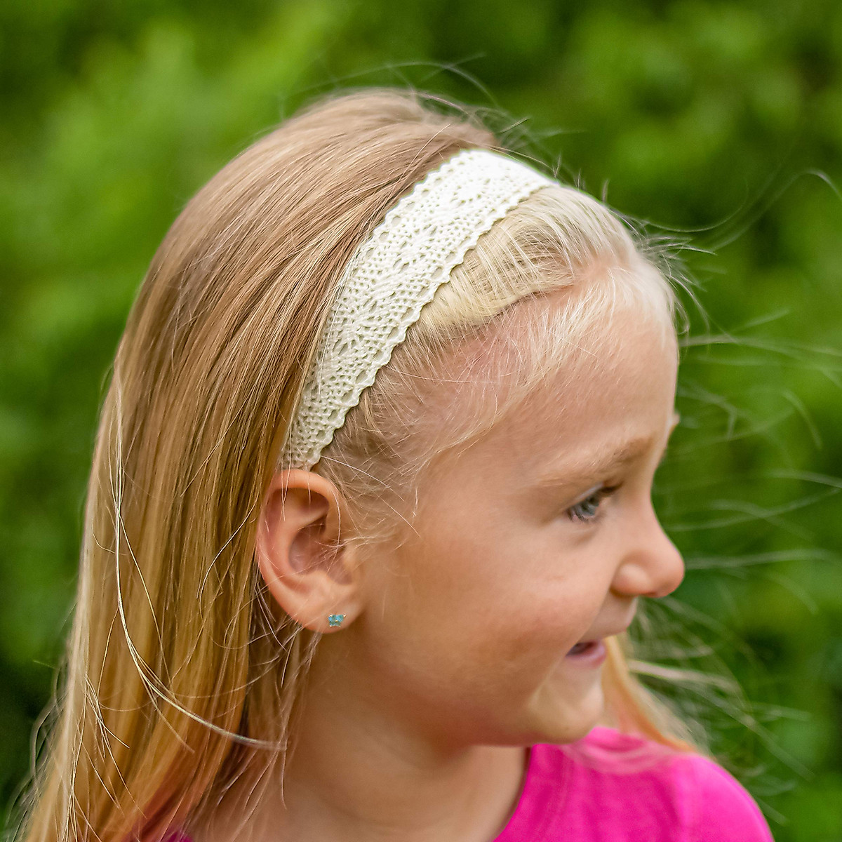 FROG SAC 5 Lace Headbands for Girls, Adjustable No Slip Stretch Elastic Girl Headband, Dressy Pastel Lacy Headwraps, Cute Plain Solid Color Hair Accessories for Kids Easter Basket Stuffers