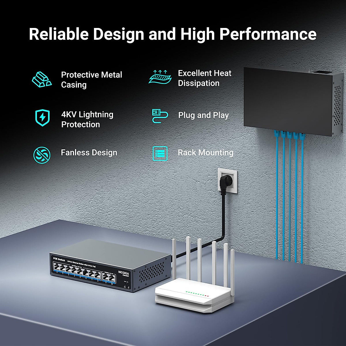 NICGIGA 24 Port Gigabit PoE Switch with 24 Port PoE+@300W, 2 Gigabit Uplink Port, 1 SFP, Sturdy Metal for Desktop/Rack Mount, AI Watchdog, VLAN Mode, Plug and Play, Unmanaged Power over Ethernet