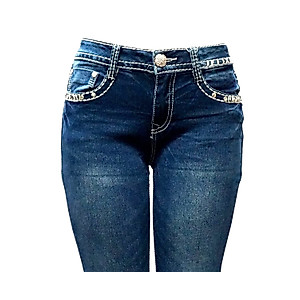 LA Idol Jack David Jack David U-Cute Rose 2 Rhinestone Studded Medium & Dark Wash Denim Bootcut Flap Pocket Jeans, Jack David 3699-bt Bootcut Blue