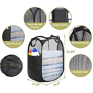 STORAGEIDEAS 2 Pcs Collapsible Mesh Pop Up Laundry Hamper, Space-Saving Foldable Laundry Basket With Side Pocket, Wide Opening Laundry bag for Laundry, Dorm, Bathroom & Travel, Black