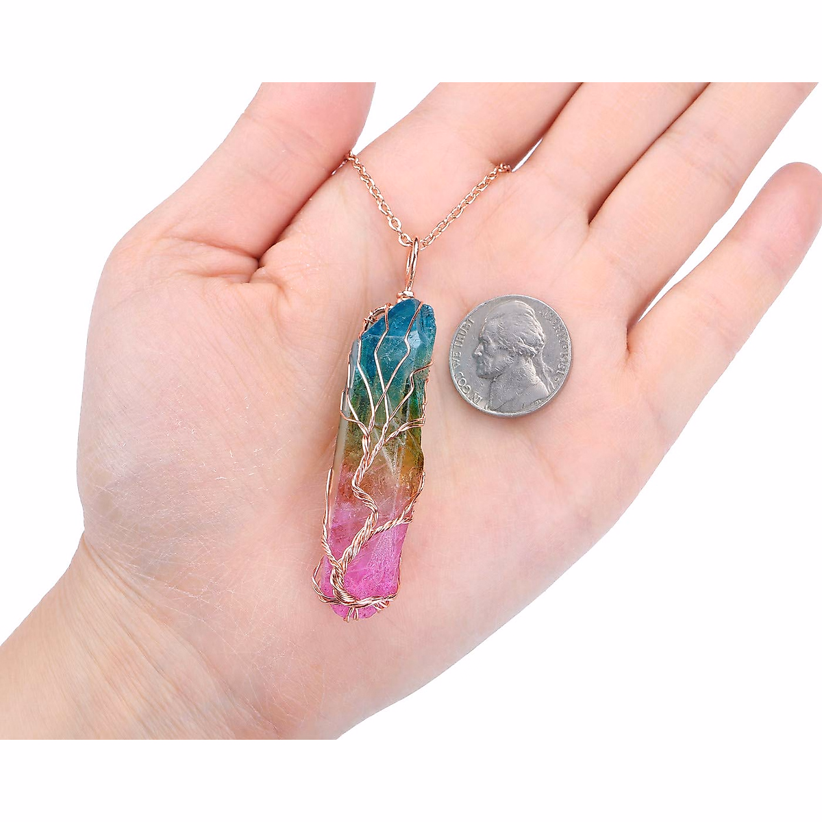 PESOENTH Life Tree Rainbow Quartz Crystal Gemstone Reiki Healing Rock Raw Stone Chakra Pendant Necklace Women Rose Gold Wire Wrap Gemstone Necklace Jewelry Gifts