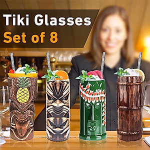 LINALL Tiki Mugs Cocktail Set of 8 - Tumblers Ceramic Hawaiian Luau Party Mugs Drinkware, Cute Exotic Cocktail Glasses, Tiki Bar Professional Hawaiian Party Barware, TKSET0017 (8pcs)