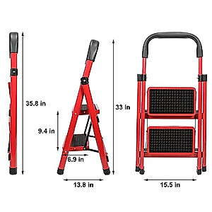 2 Step Ladder,Folding Step Stool with Handgrip and Anti-Slip Wide Pedal,Lightweight and Sturdy,Ideal for Home Kitchen Office Use.