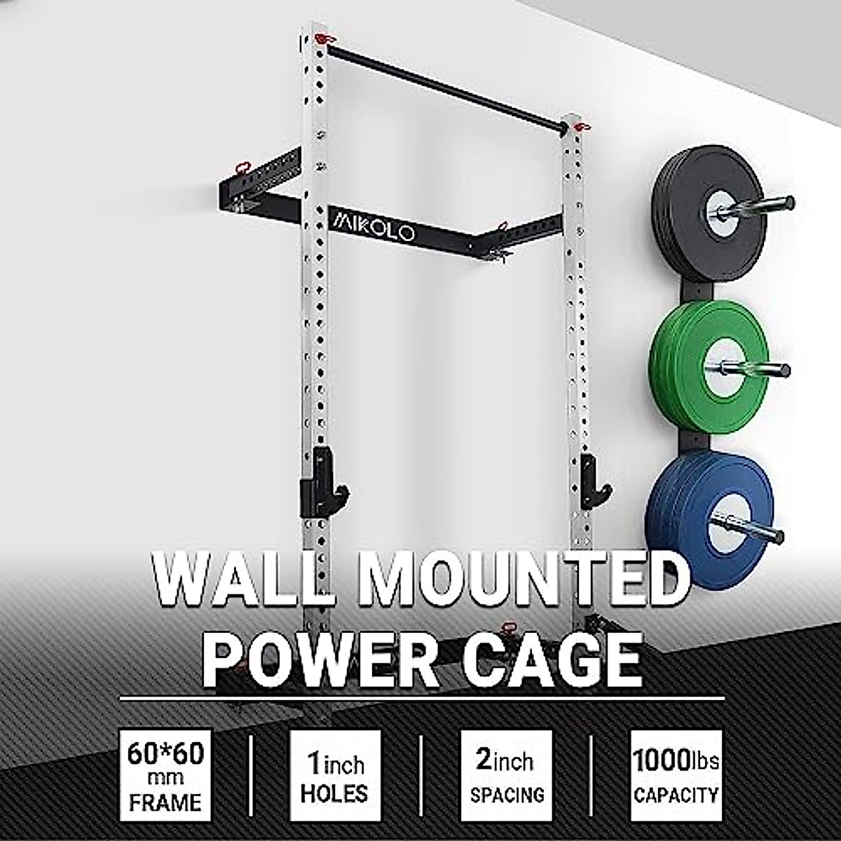 Mikolo 2.36'' x 2.36'' Folding Wall Mounted Squat Rack, 1000 Pounds Capacity Power Rack with Black Weight Bench，Pull Up Bar, J Hooks and Other Attachments, Space-Saving Home Gym，White
